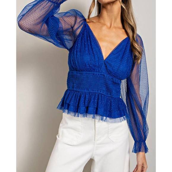 eesome | Tops | New Eesome V Neck Mesh Dot Sleeve Blouse In Royal Blue ...